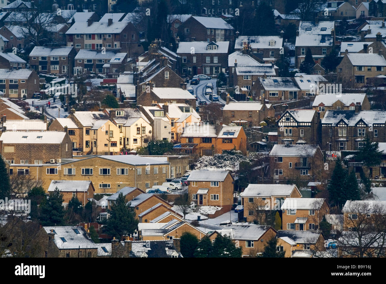 View of Matlock in Derbyshire Peak District England with snow on houses ...