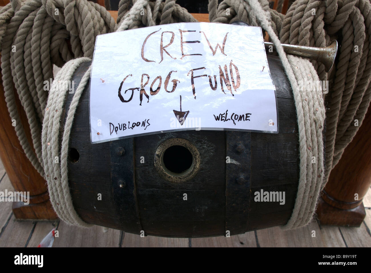 Crew Grog Fund collection barrel onboard the Earl of Pembroke tall ship ...