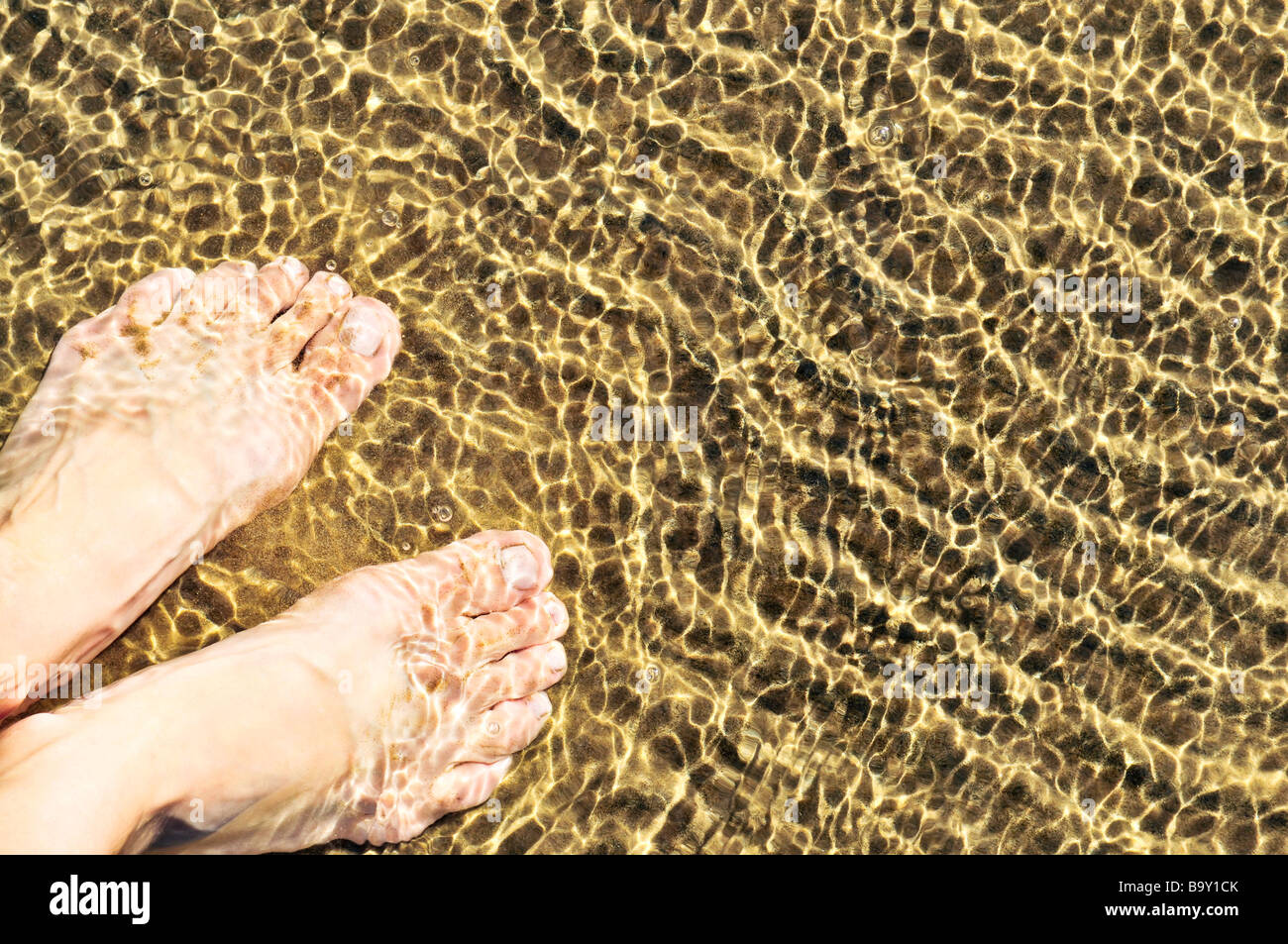 Bare feet wading in clear shallow water at sandy beach Stock Photo - Alamy