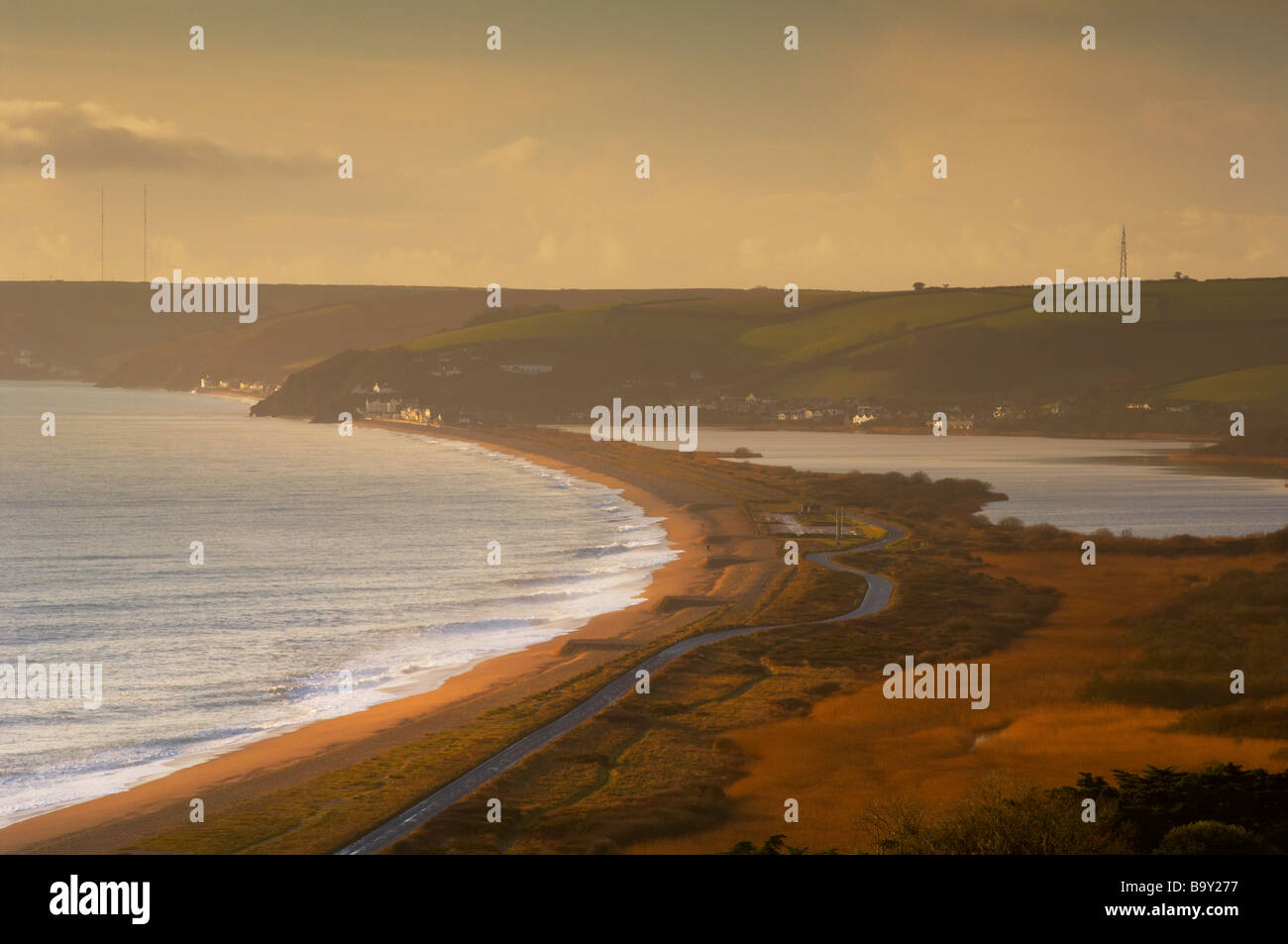 Dawn light over Slapton sands and ley nature reserve at Start Bay on ...