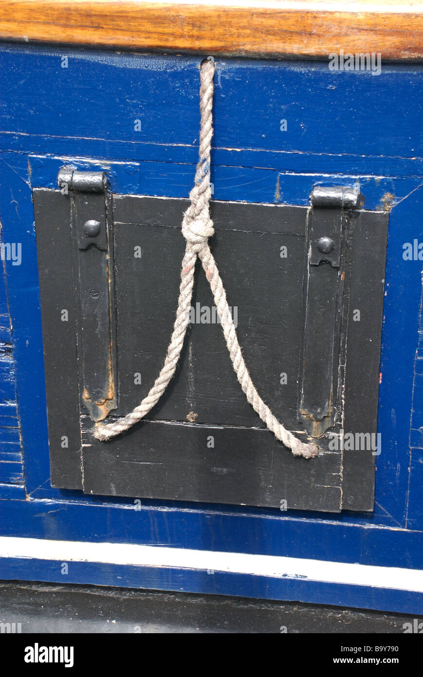 Gunport hatch onboard the Earl of Pembroke tall ship, Plymouth, Devon ...