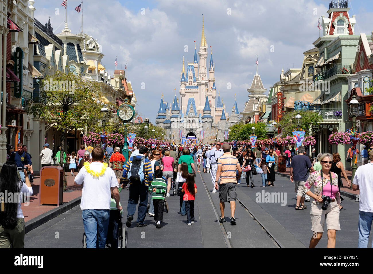 Main Street with crowd at Walt Disney Magic Kingdom Theme Park Orlando Florida Central Stock ...