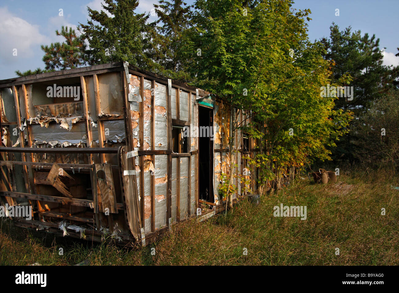 Old abandoned house trailer mobile home in nature empty nobody none hi ...