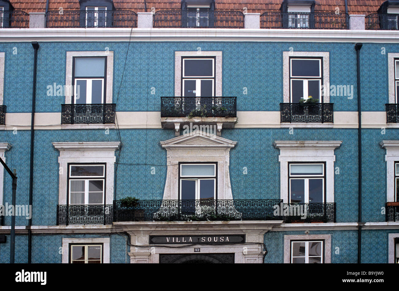 Apartment Building Facade Covered in Turquoise Blue Azulejos Tiles ...