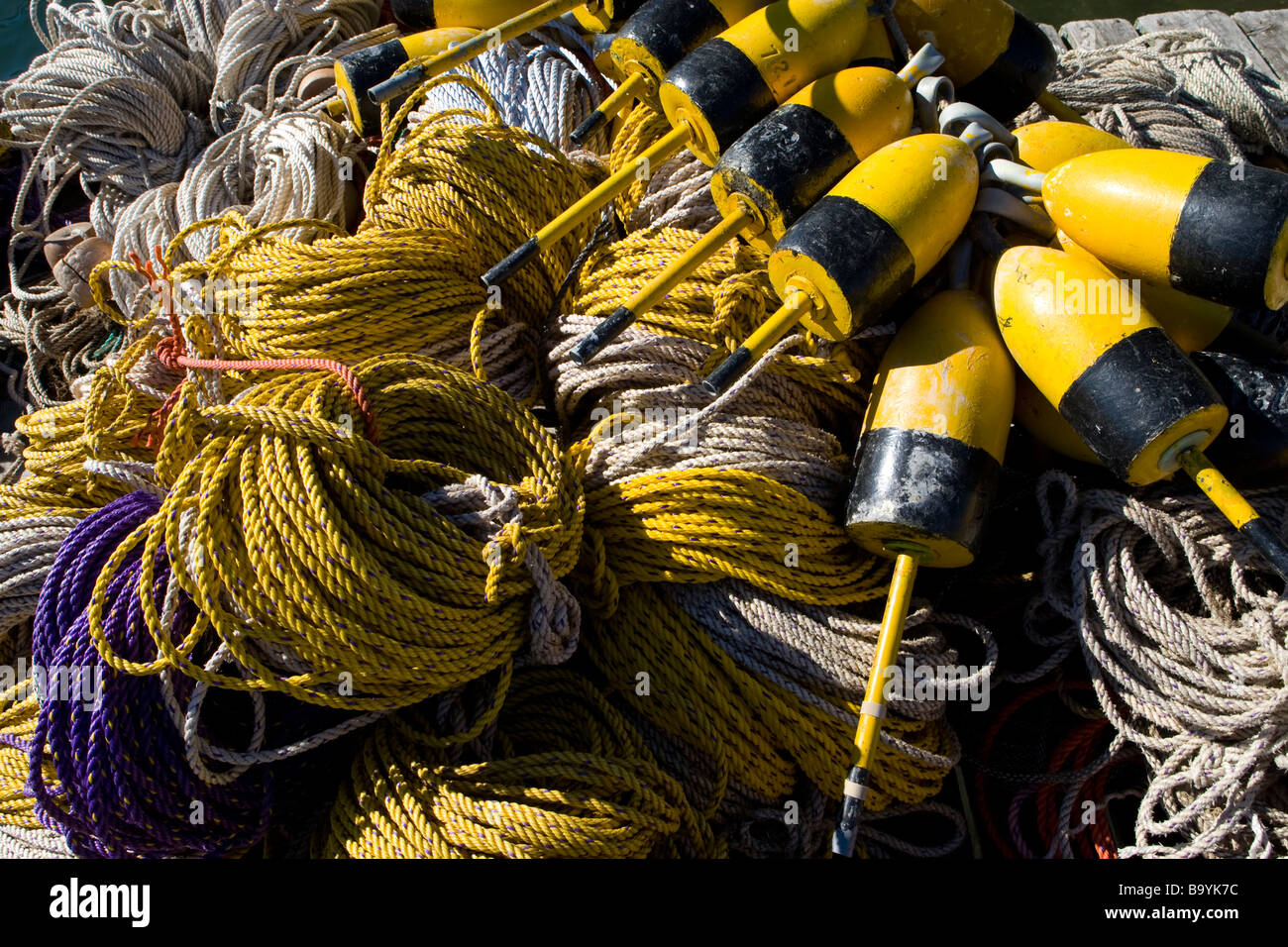 Lobster traps buoys and rope coils on a dock in coastal Maine Stock ...