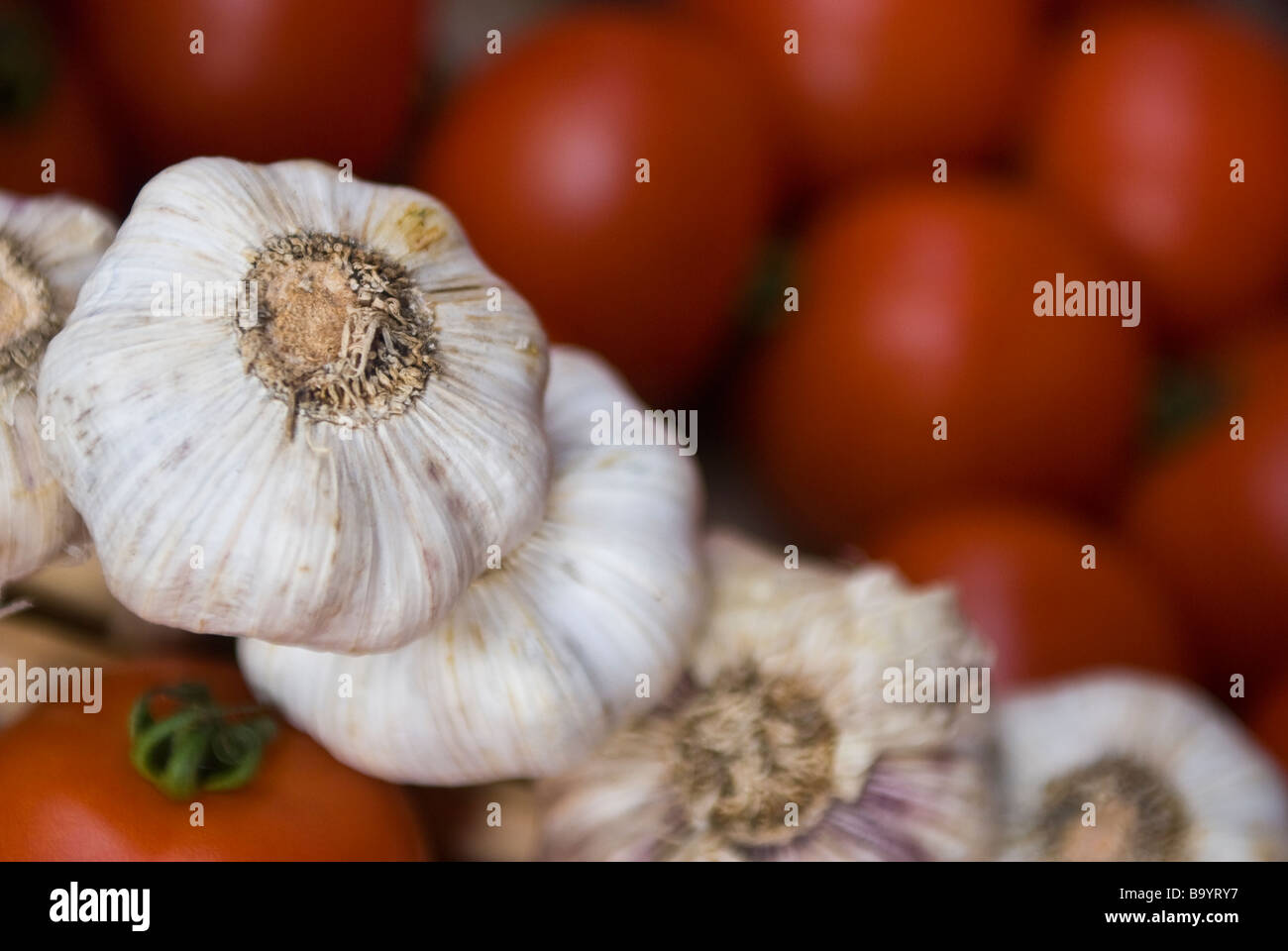 String of garlic bulbs & tomatoes at a French market stall Stock Photo ...