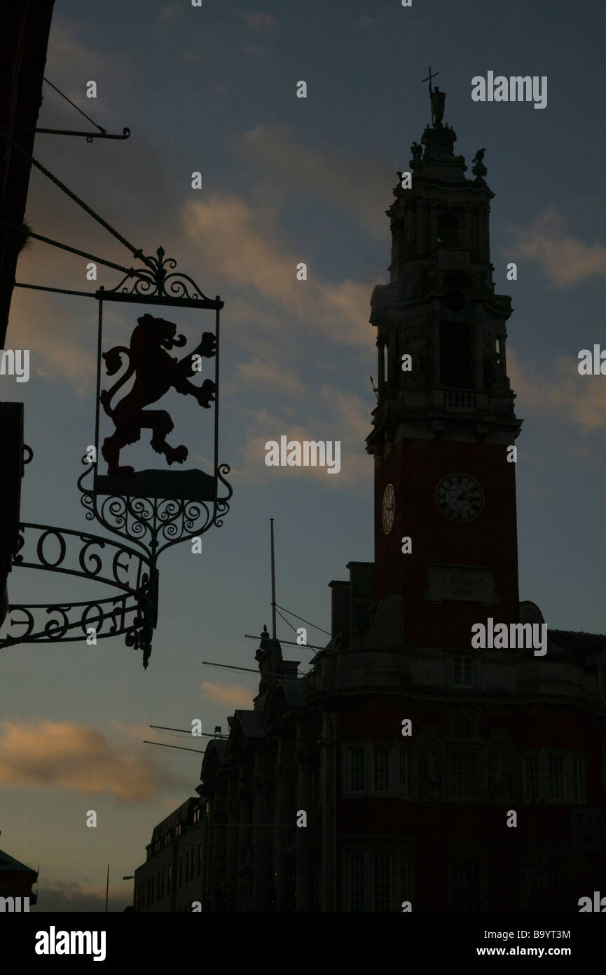 clock house red lion sign Colchester town hall, in winter with a low ...