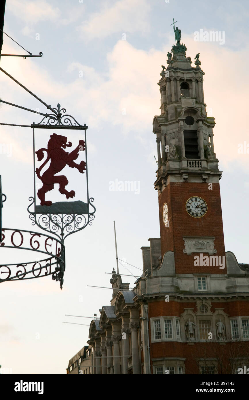 clock house red lion sign Colchester town hall, in winter with a low ...