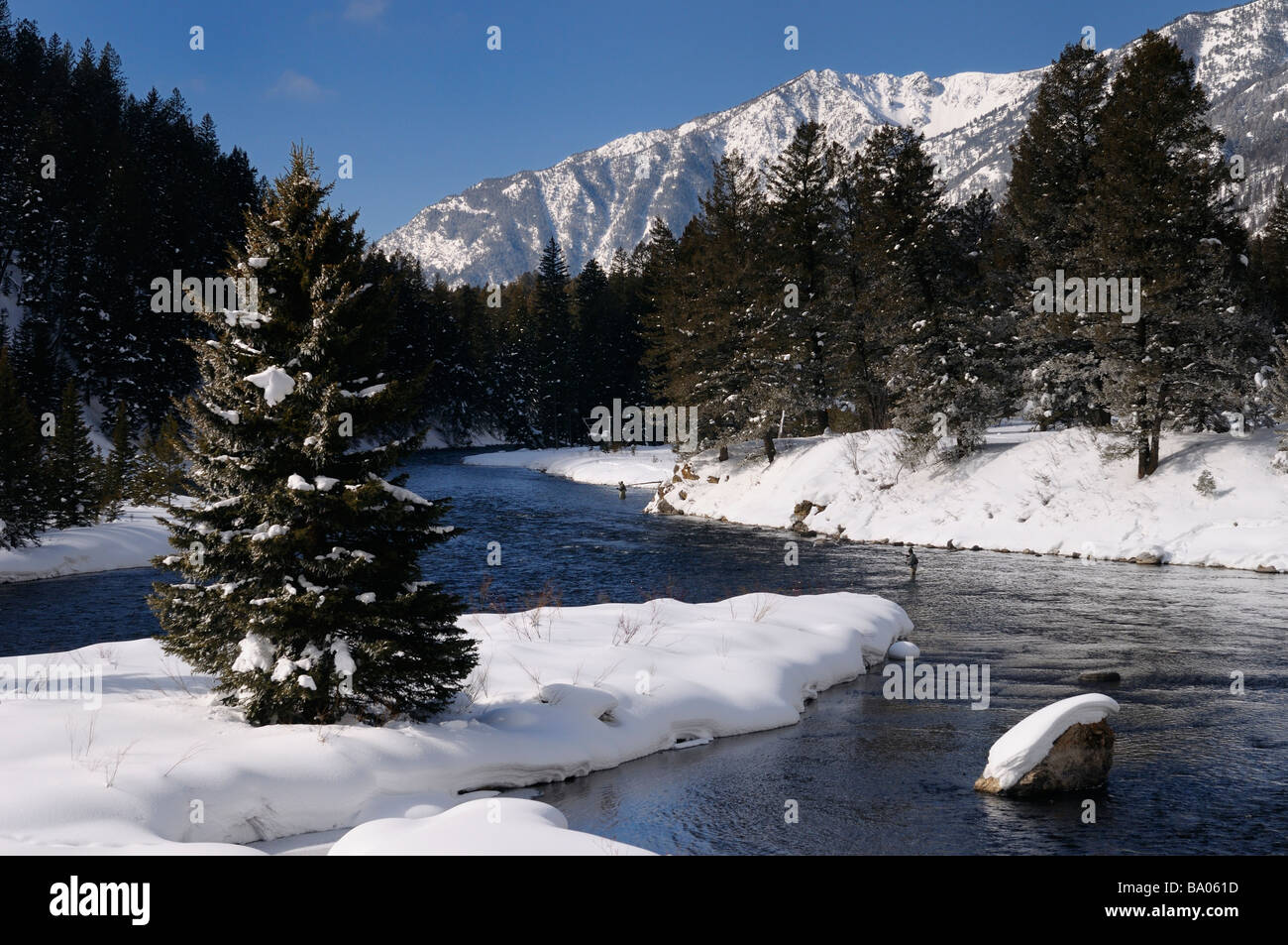 Wading fishermen on Madison River in winter with snow covered Rocky ...