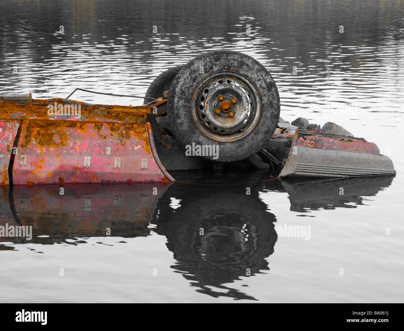 Rusty Dumped Car in Water Pond Lake Polluting Stock Photo - Alamy