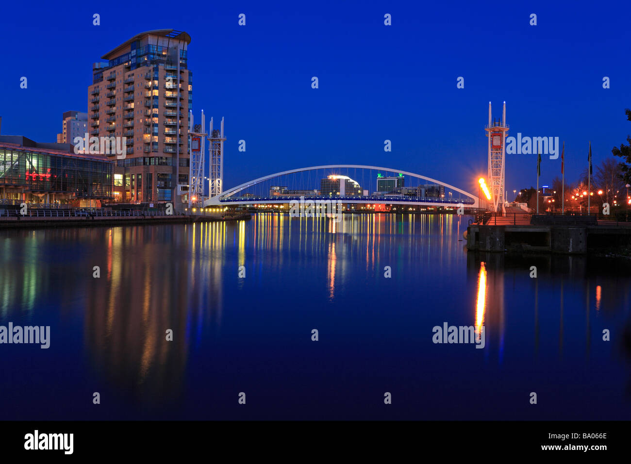 Millennium Bridge at night, Salford Quays, Manchester, Lancashire ...