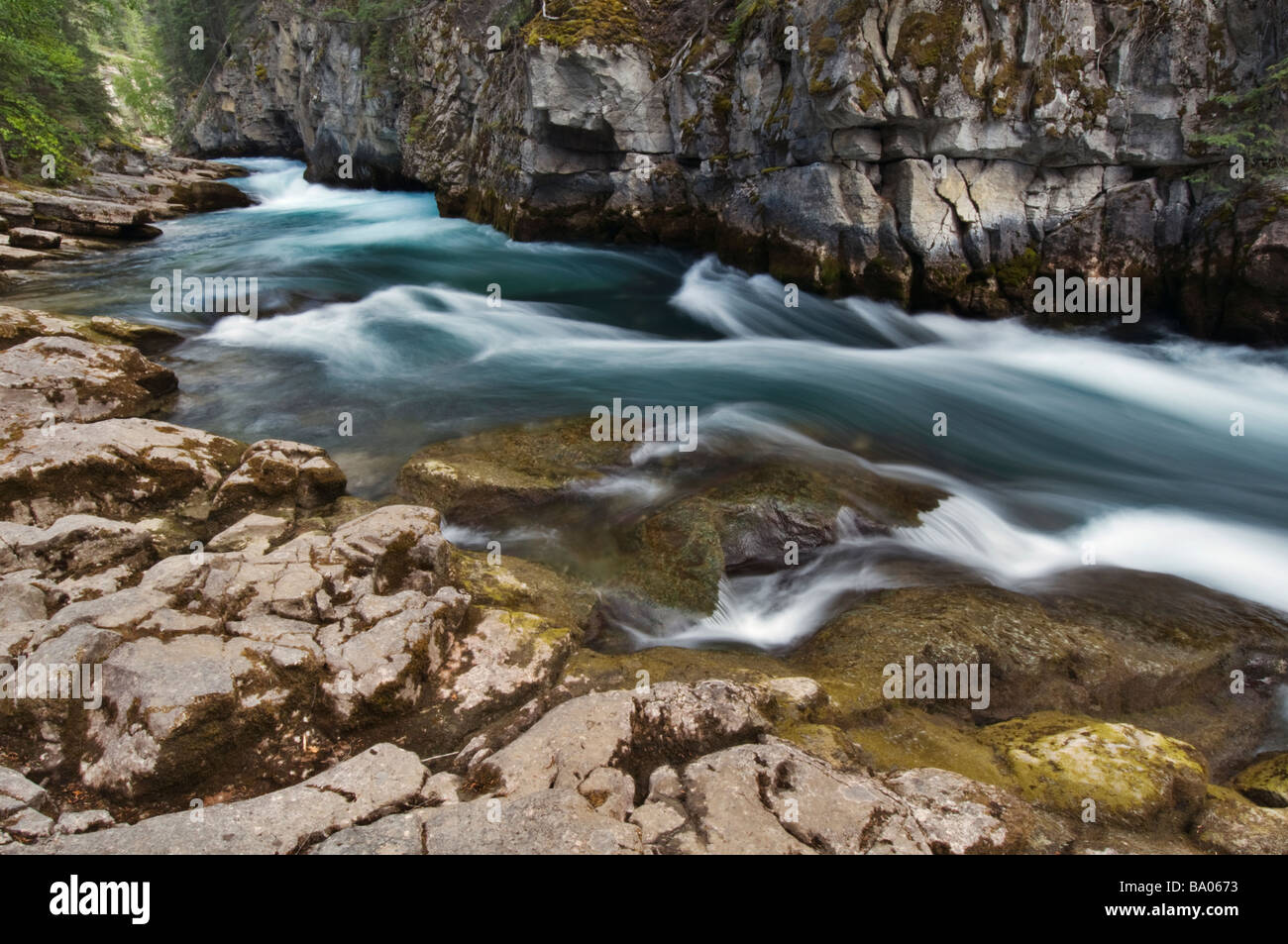 The Maligne River running through Maligne Canyon Jasper National Park ...