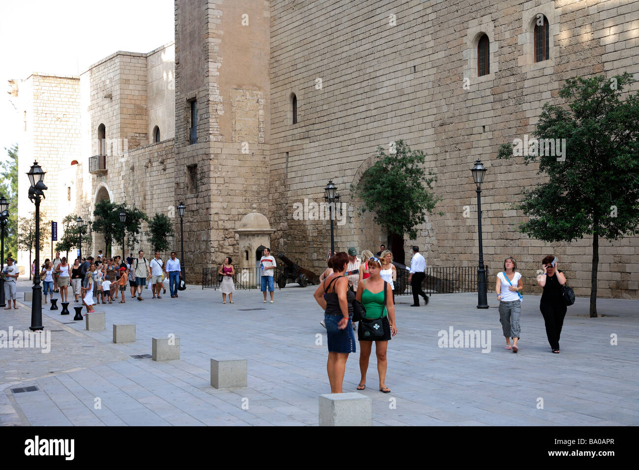 Tourists outside Palma Cathedral Palma City Mallorca Majorca Island ...