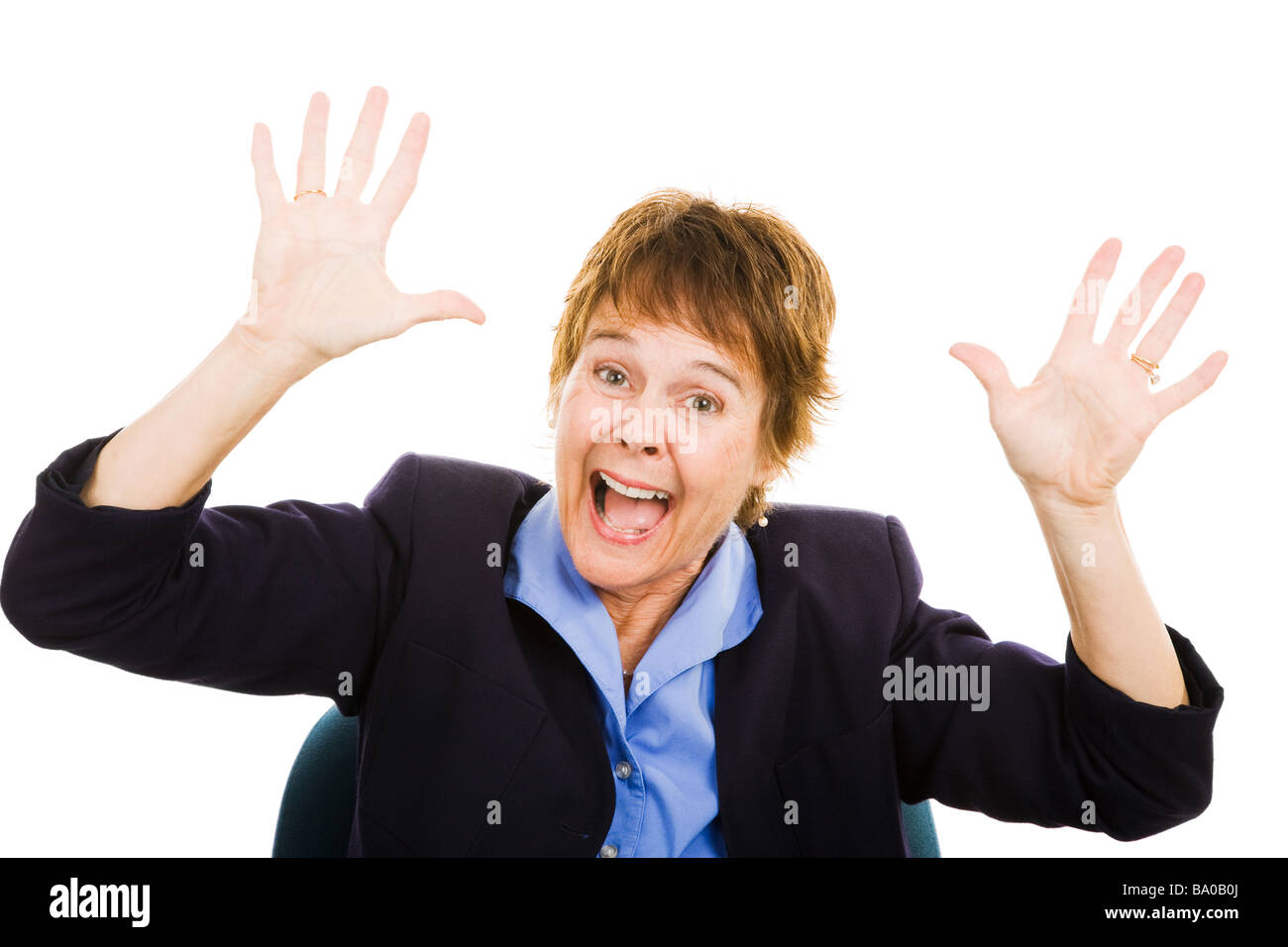 Mature business woman in a state of panic Isolated on white Stock Photo ...