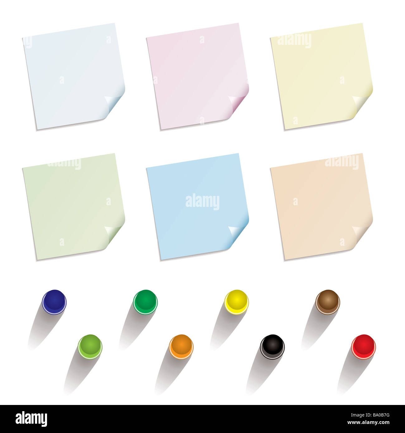 Collection of different colored note papers with drawing pin in various ...