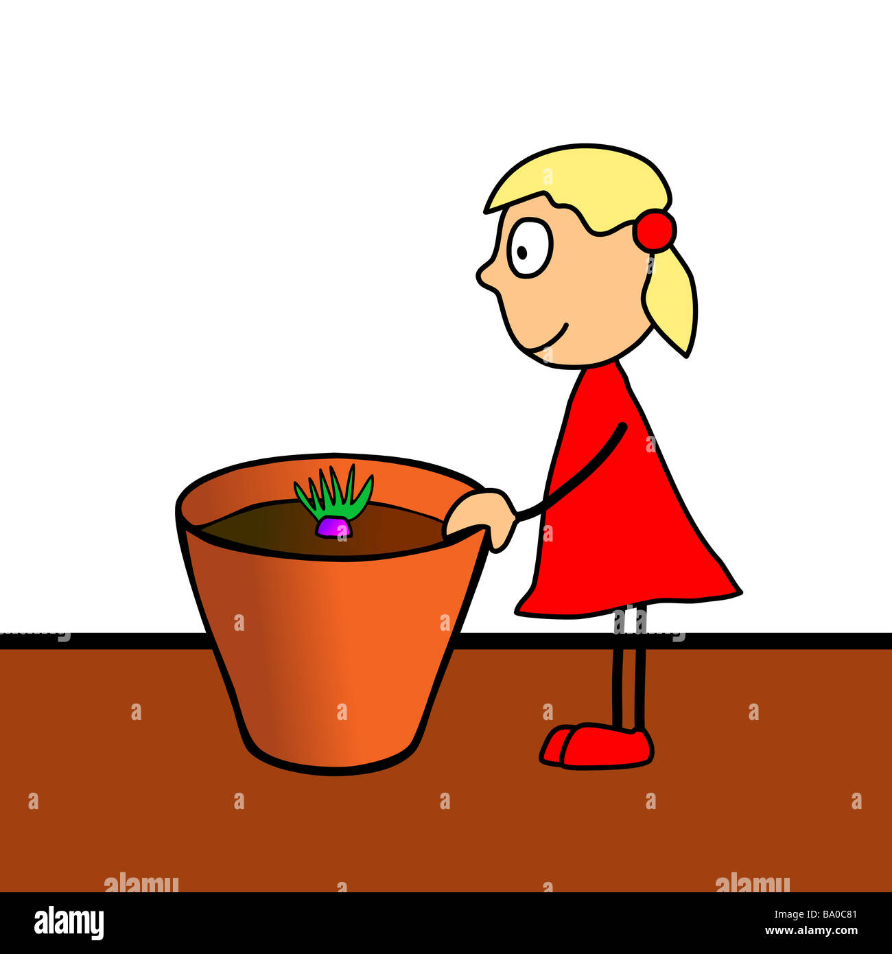 Hand drawn - cartoon drawing - adorable little girl cultivating flower ...