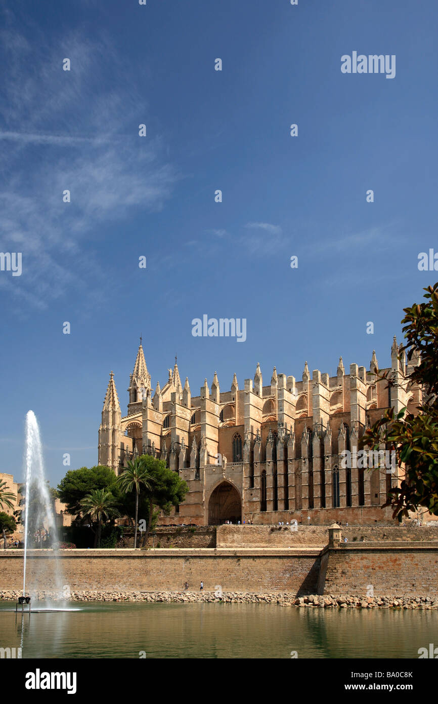 Palma Cathedral view from Parc de la Mar Lake Palma de Mallorca Majorca ...