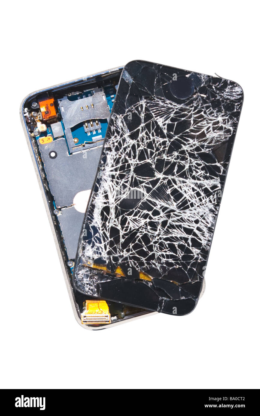 A cell phone that fell from a 27th floor balcony isolated on white ...