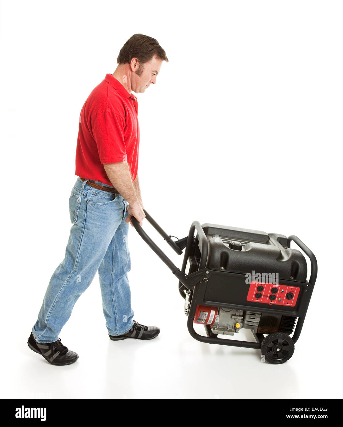 Man pushing a portable electric generator Full body isolated on white ...