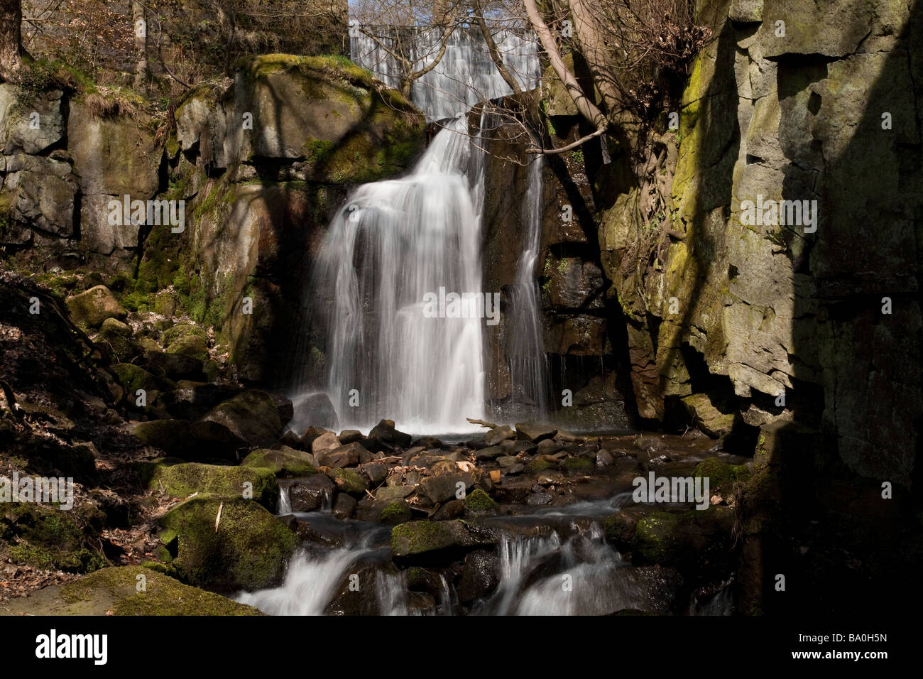 A waterfall in Bentley brook, Lumsdale Valley near Matlock, Derbyshire ...