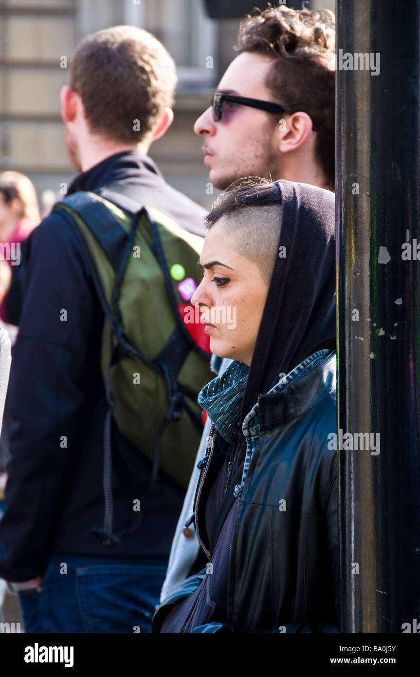 A portrait of a young punk girl at G20 Summit protests, London, England ...