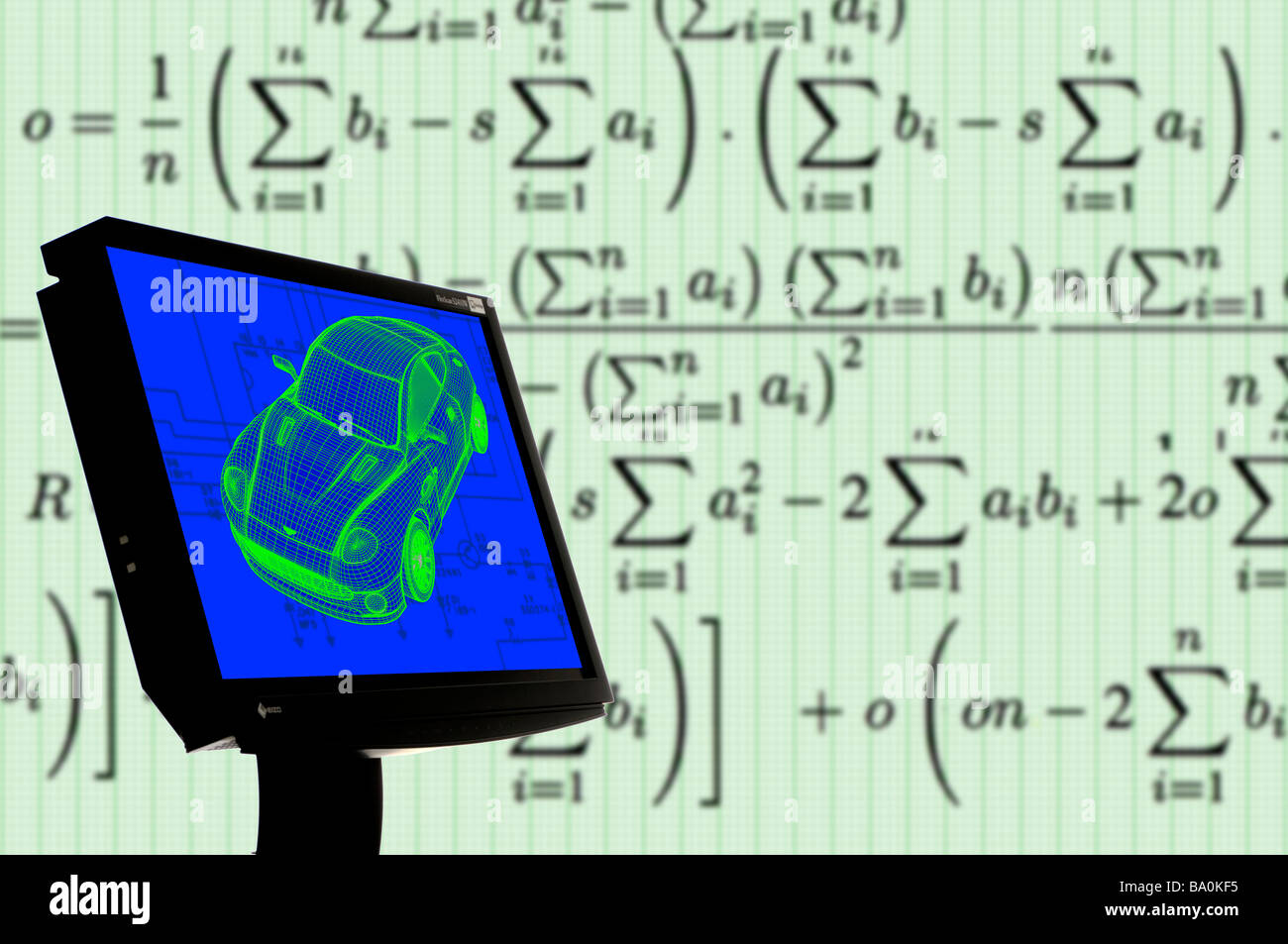3D wire frame image of car on computer screen math symbols in ...