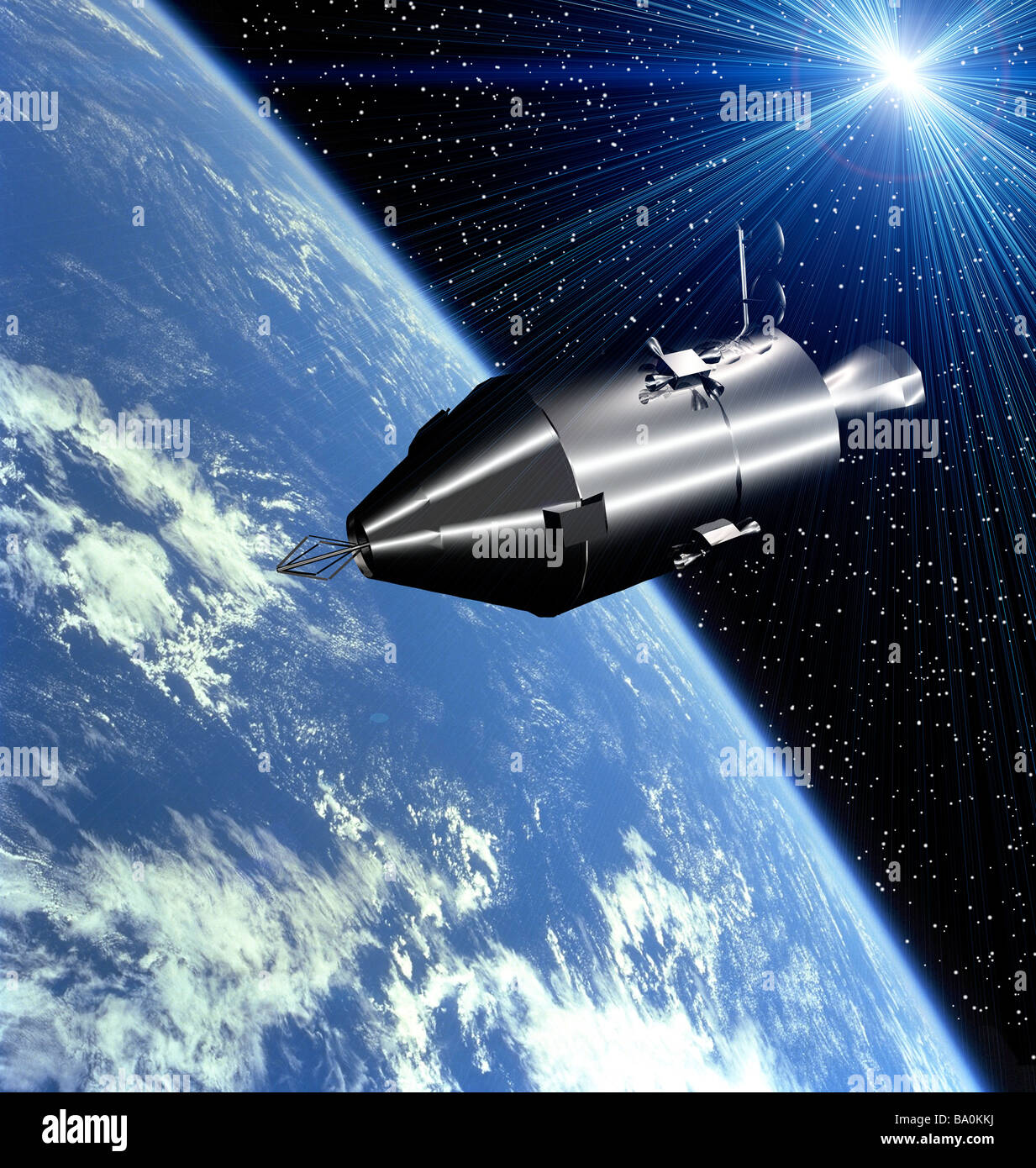 computer generated space vehicle composited on NASA image of the earth ...