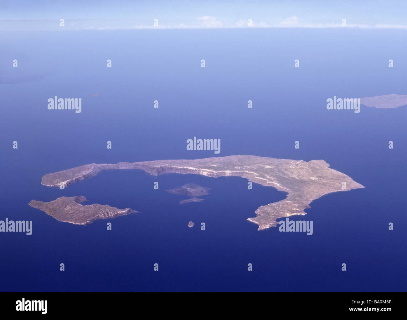 From the air, view of Santorini, unique Greek volcanic island in ...