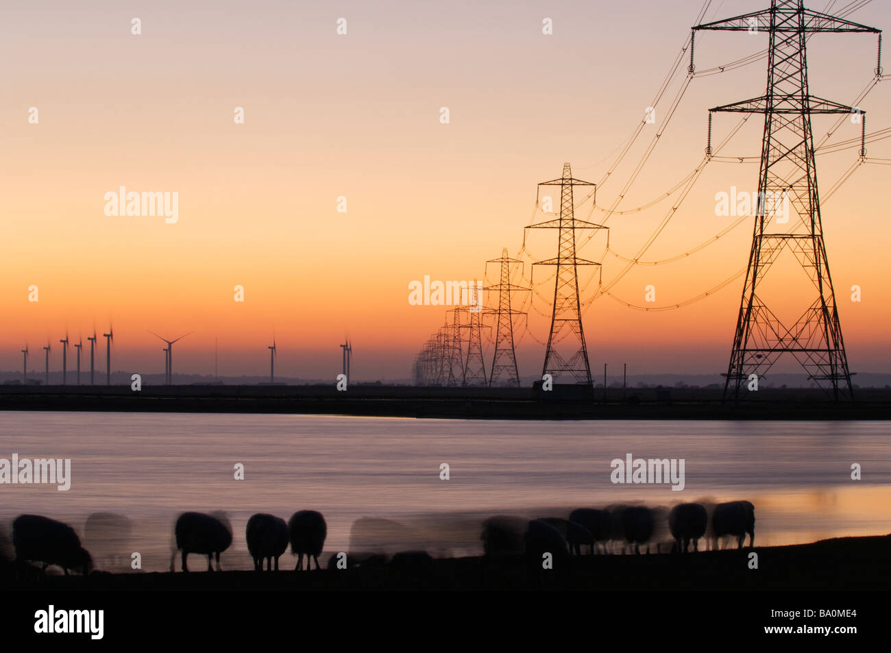Wind turbines and power pylons and lines Romney Marsh Kent UK Stock ...