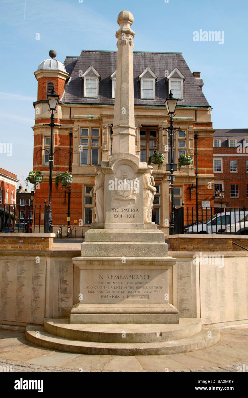 The stone pillar war memorial to World War One & Two close to the ...