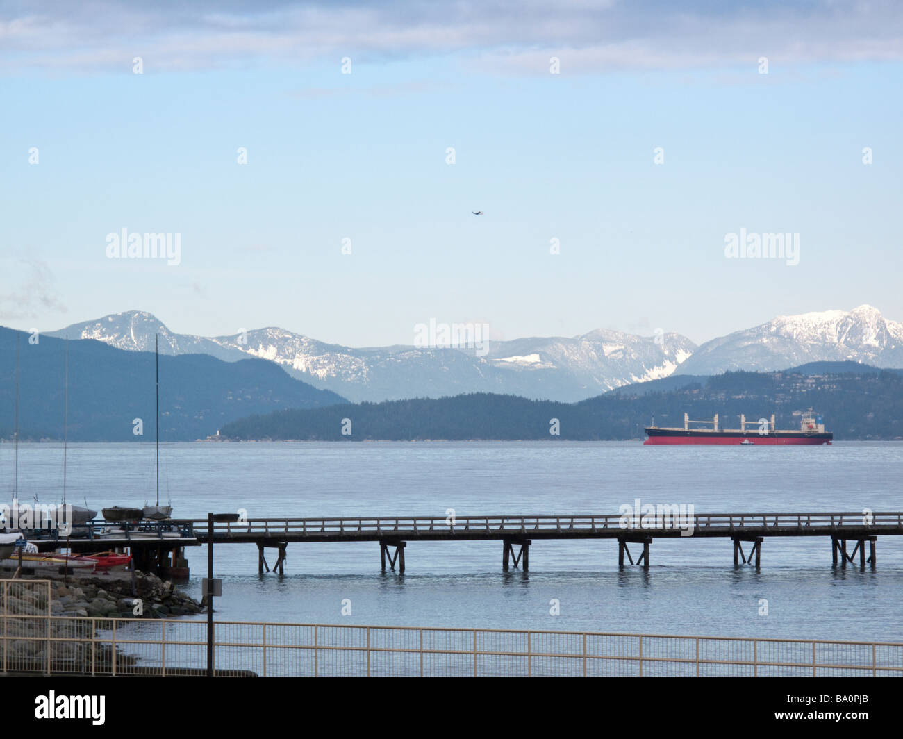 English Bay Vancouver with Coast Range in background and container ship ...