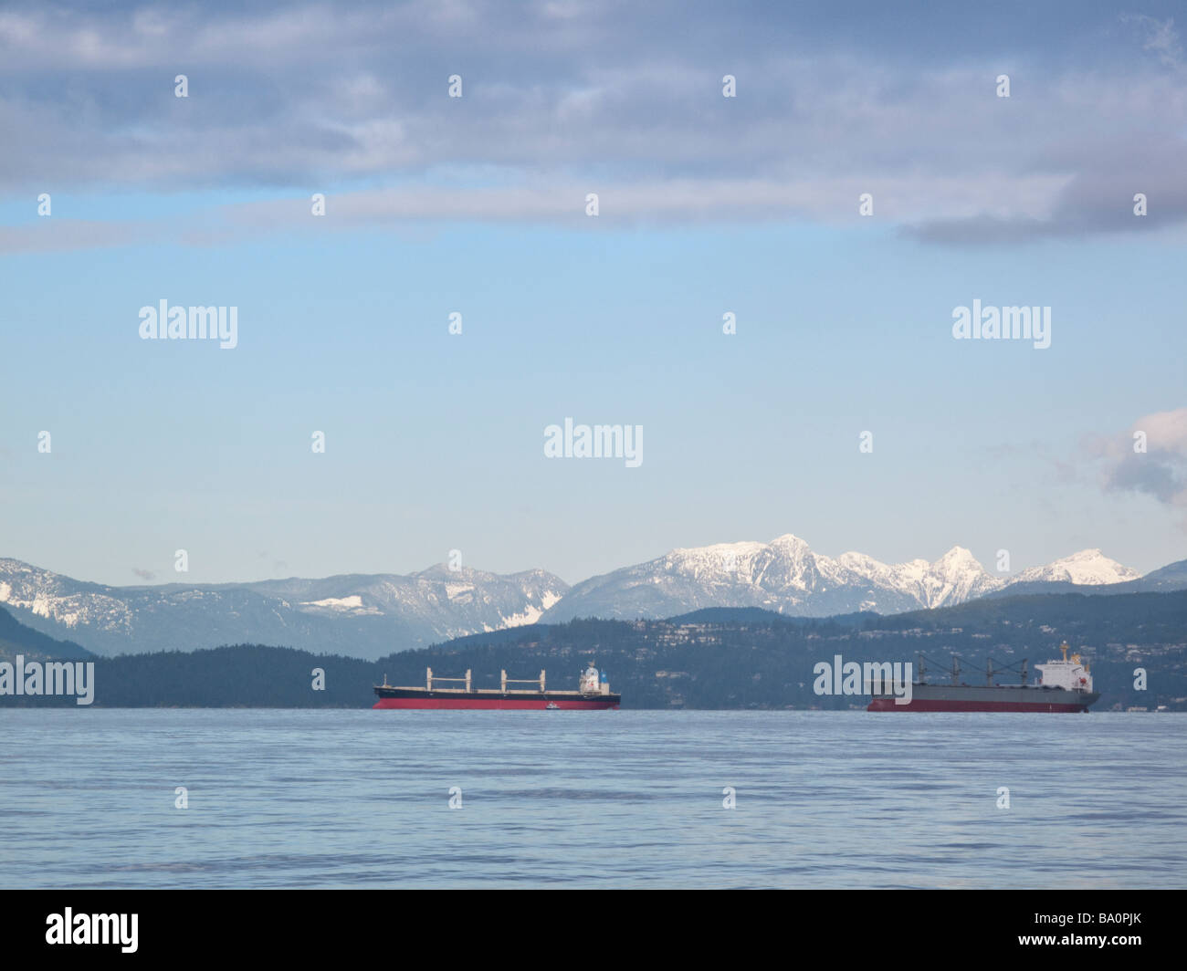 English Bay Vancouver with Coast Range in background and container ship ...