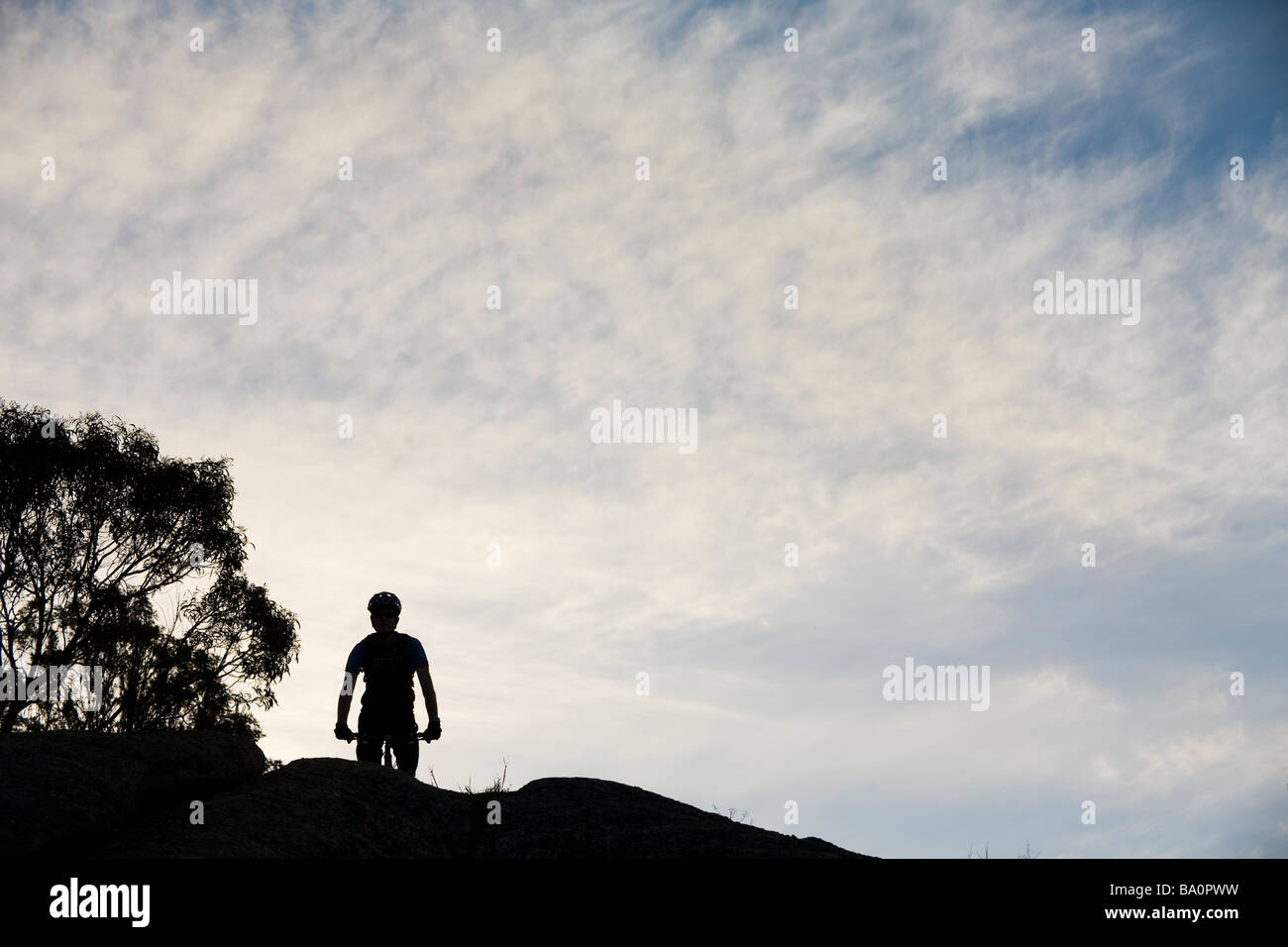 A Mountain biker rides over a large rock at dusk Stock Photo - Alamy