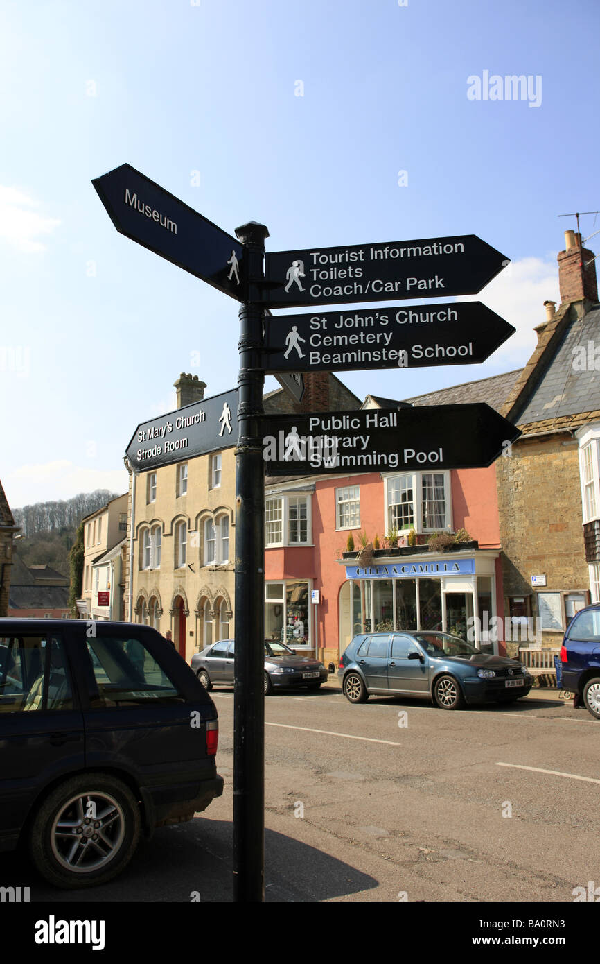 A Black and white signpost in Beaminster Dorset giving directions to ...