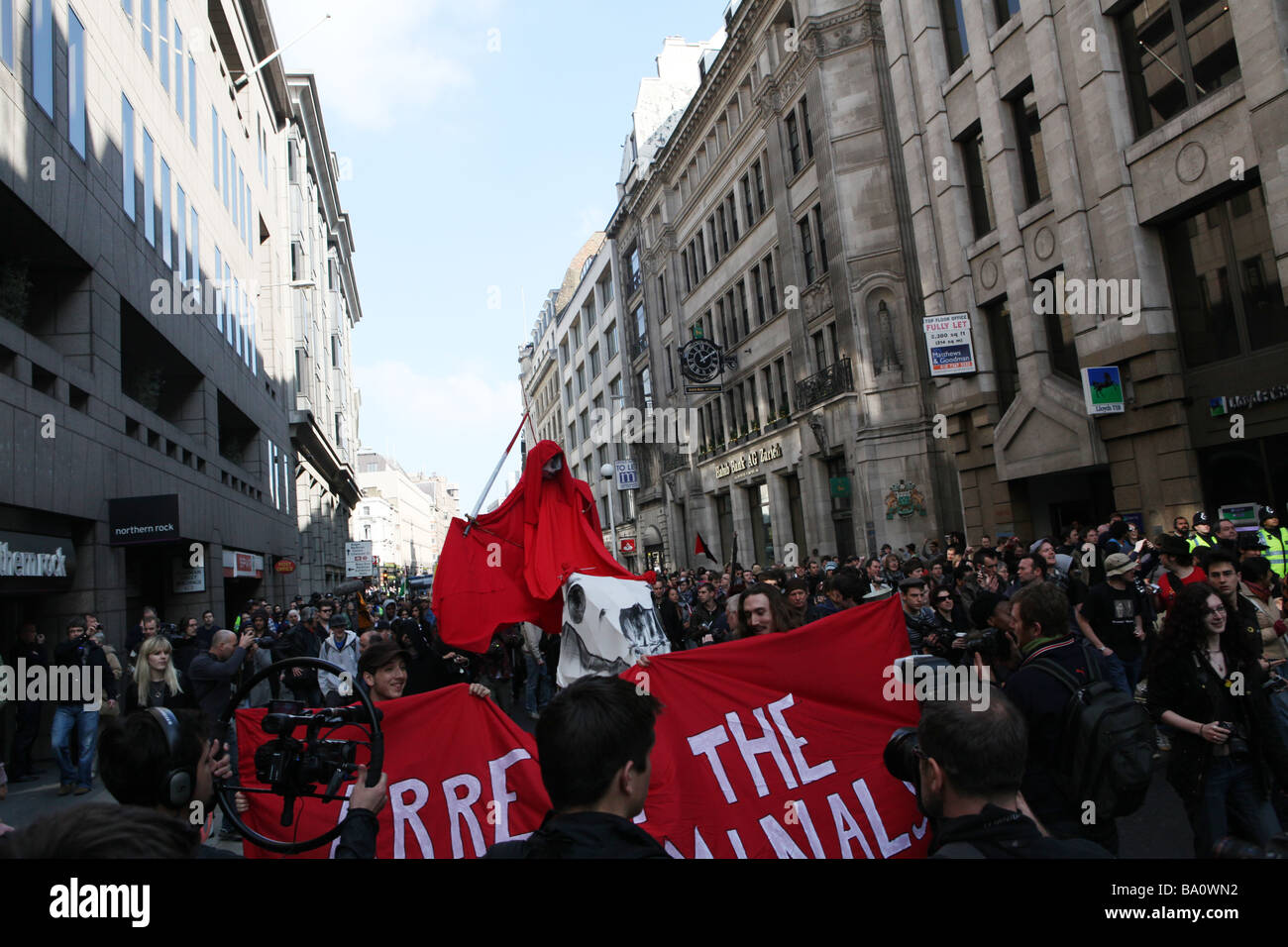 protesters during the g20 protest in london protesting against bankers ...