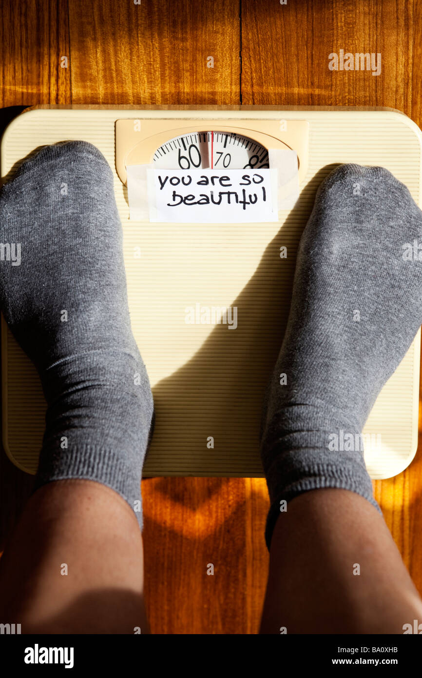 SELF-ESTEEM: (YOU ARE BEAUTIFUL) WRITTEN MESSAGE ON WEIGHING SCALES ...
