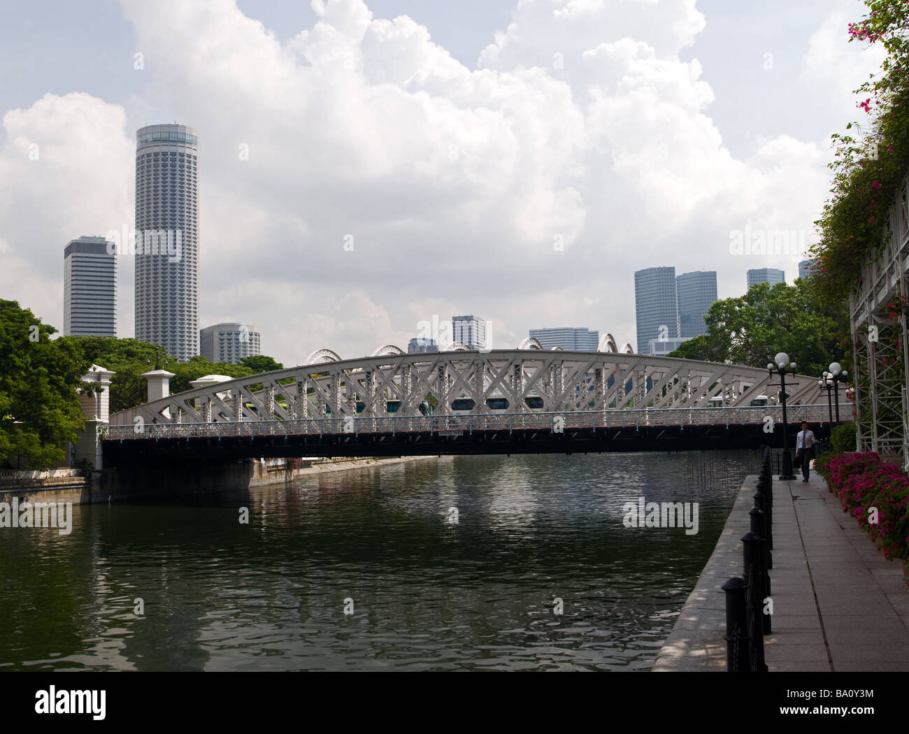 Anderson Bridge, over the Singapore River, with part of the downtown ...