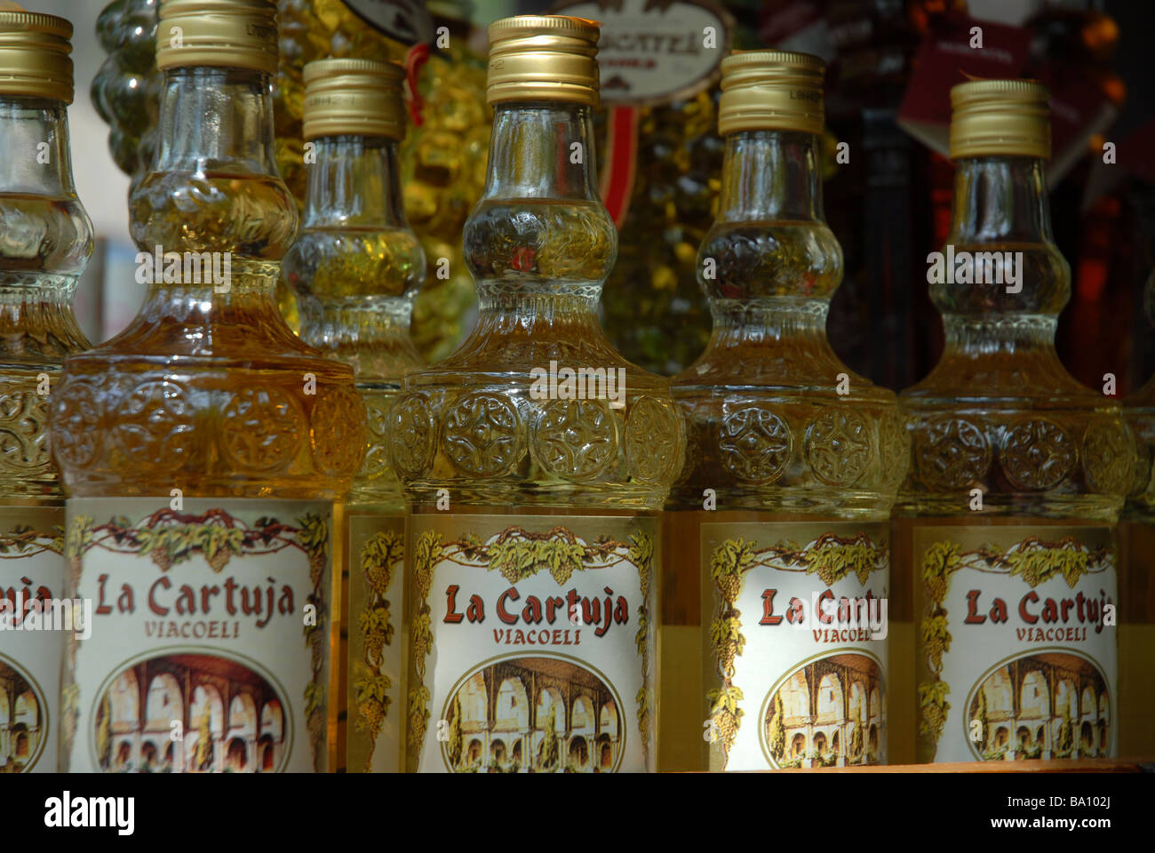 bottles of Moscatel for sale at roadside shop, near Guadlest, Alicante ...