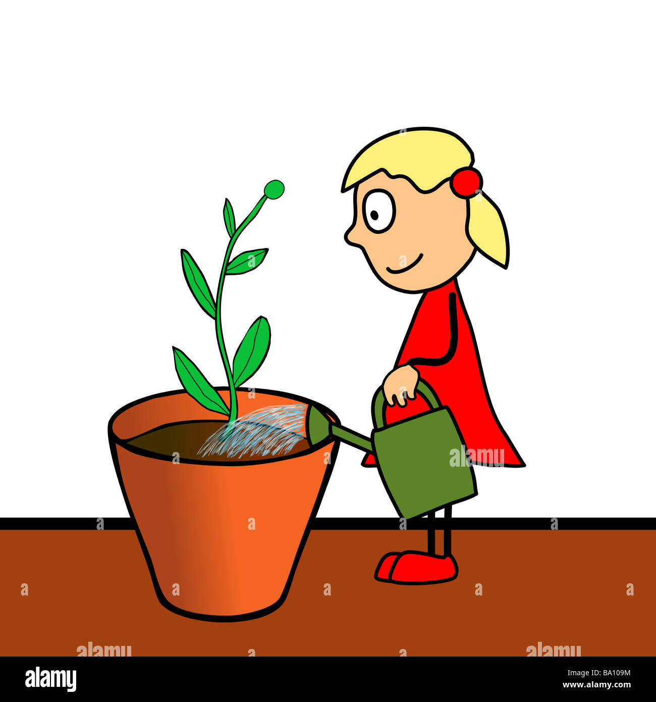 Hand drawn - cartoon - sweet little girl cultivating flower Stock Photo ...