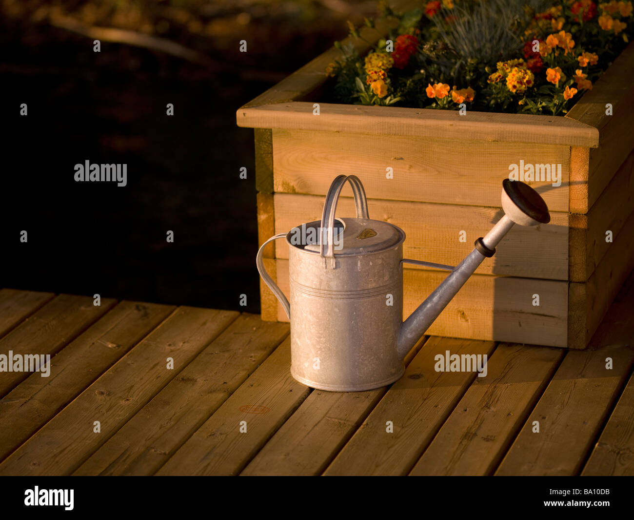 Watering can and flower box Stock Photo - Alamy