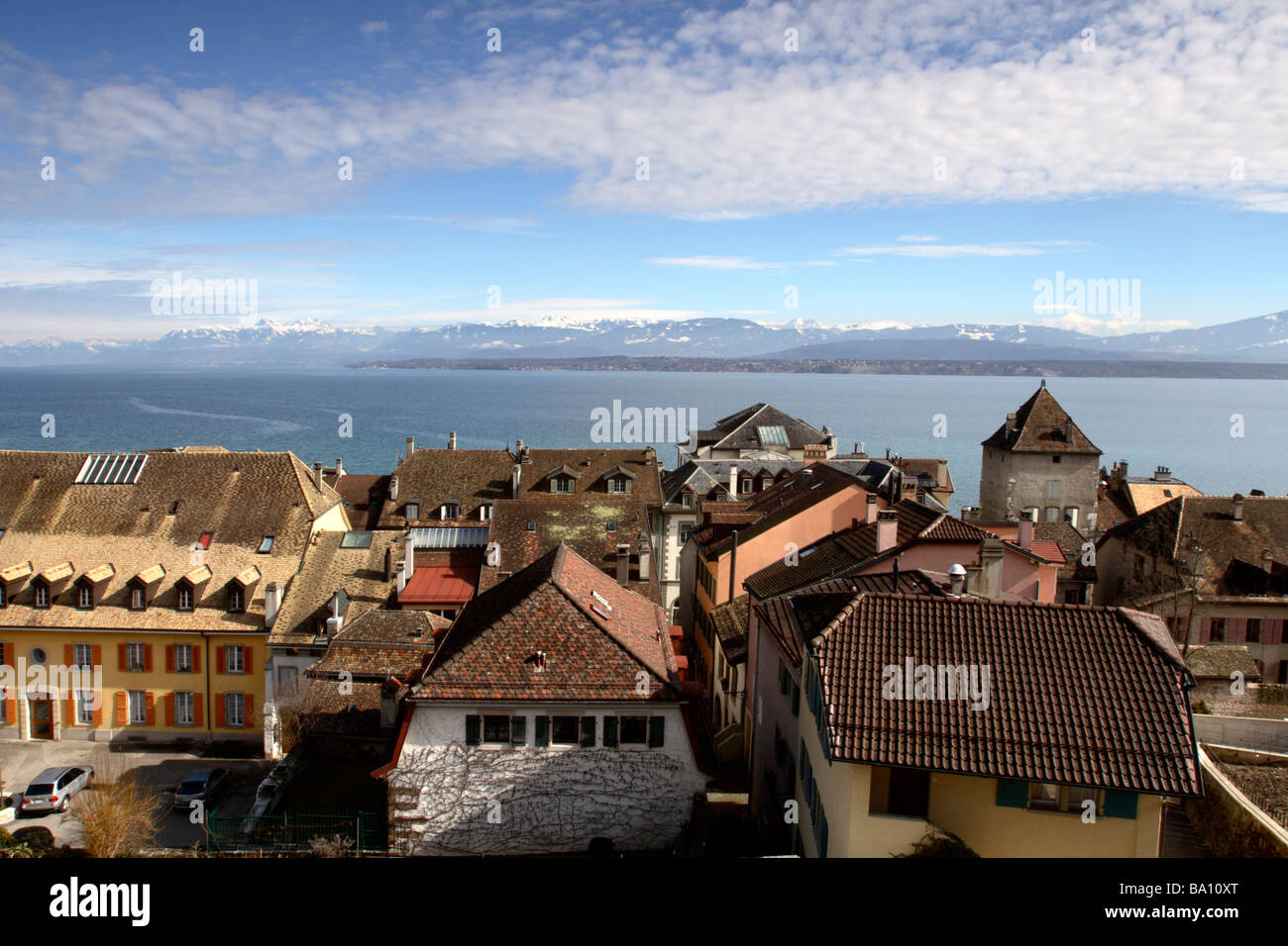 Rooftops in Nyon overlooking Lake Geneva, Switzerland Stock Photo - Alamy
