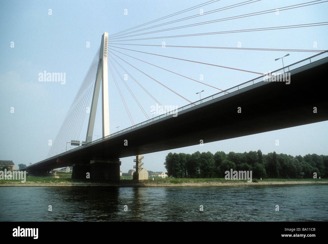 Cable stay bridge Neuwied Germany Rhine river tower water structure ...