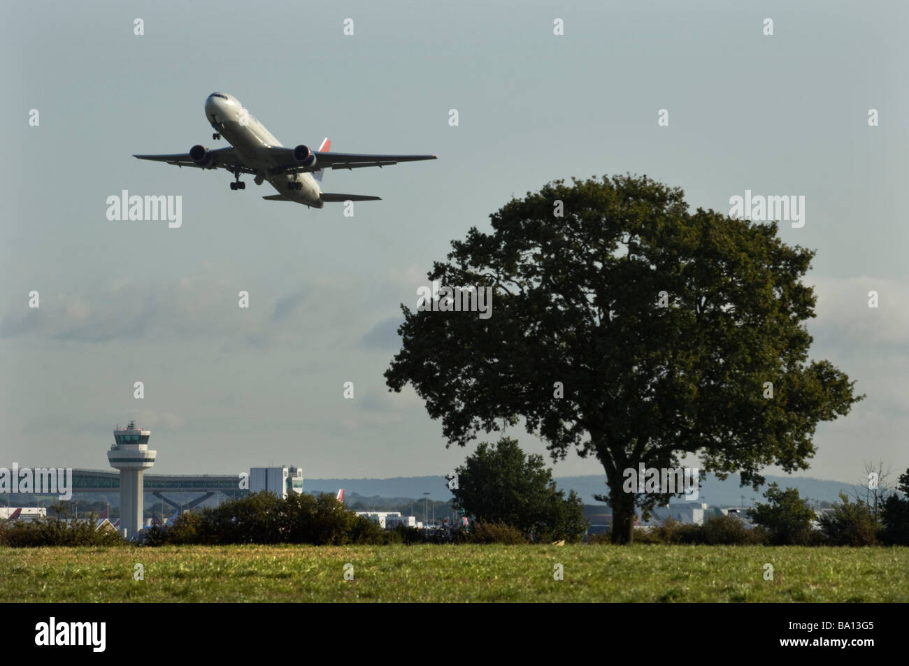 Delta Airbus Jet Airplane takes off over an Oak tree and the Gatwick ...