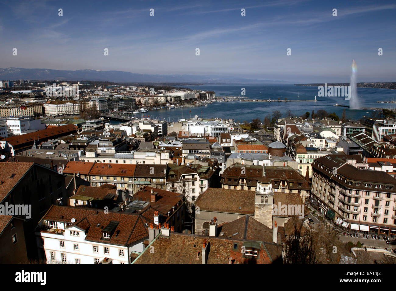 Lake Geneva (Lac Léman ) and Jet d'Eau seen from St Peter's Cathedral ...