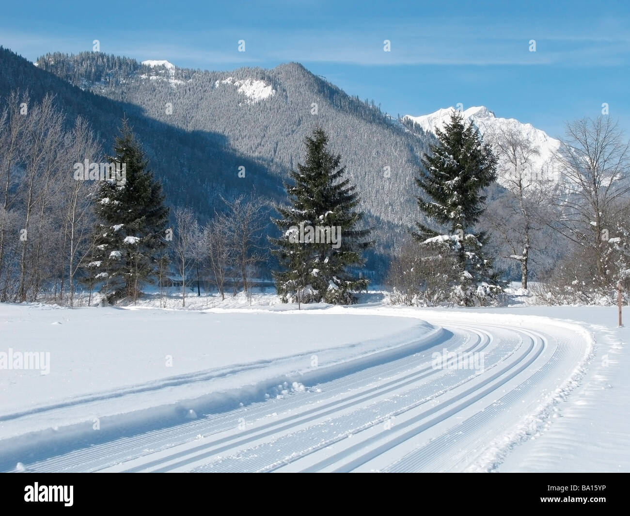 Machine made ski-track at the footage of woody mountains, plenty of ...