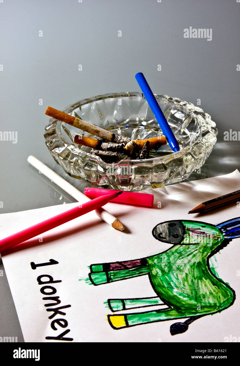 Childs drawing with pens ash tray and cigarettes Stock Photo - Alamy