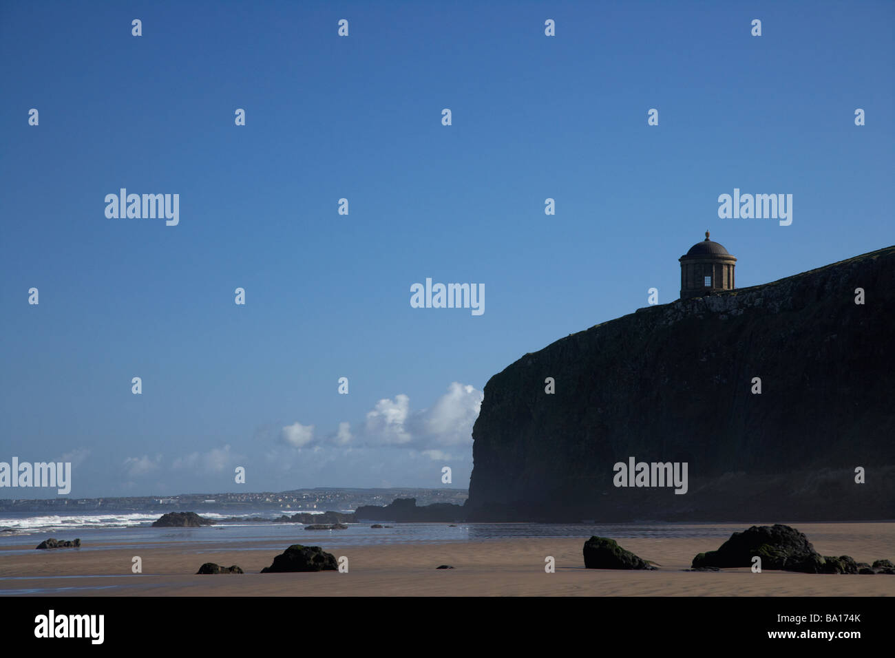 Benone beach and Mussenden Temple on clifftop downhill county ...