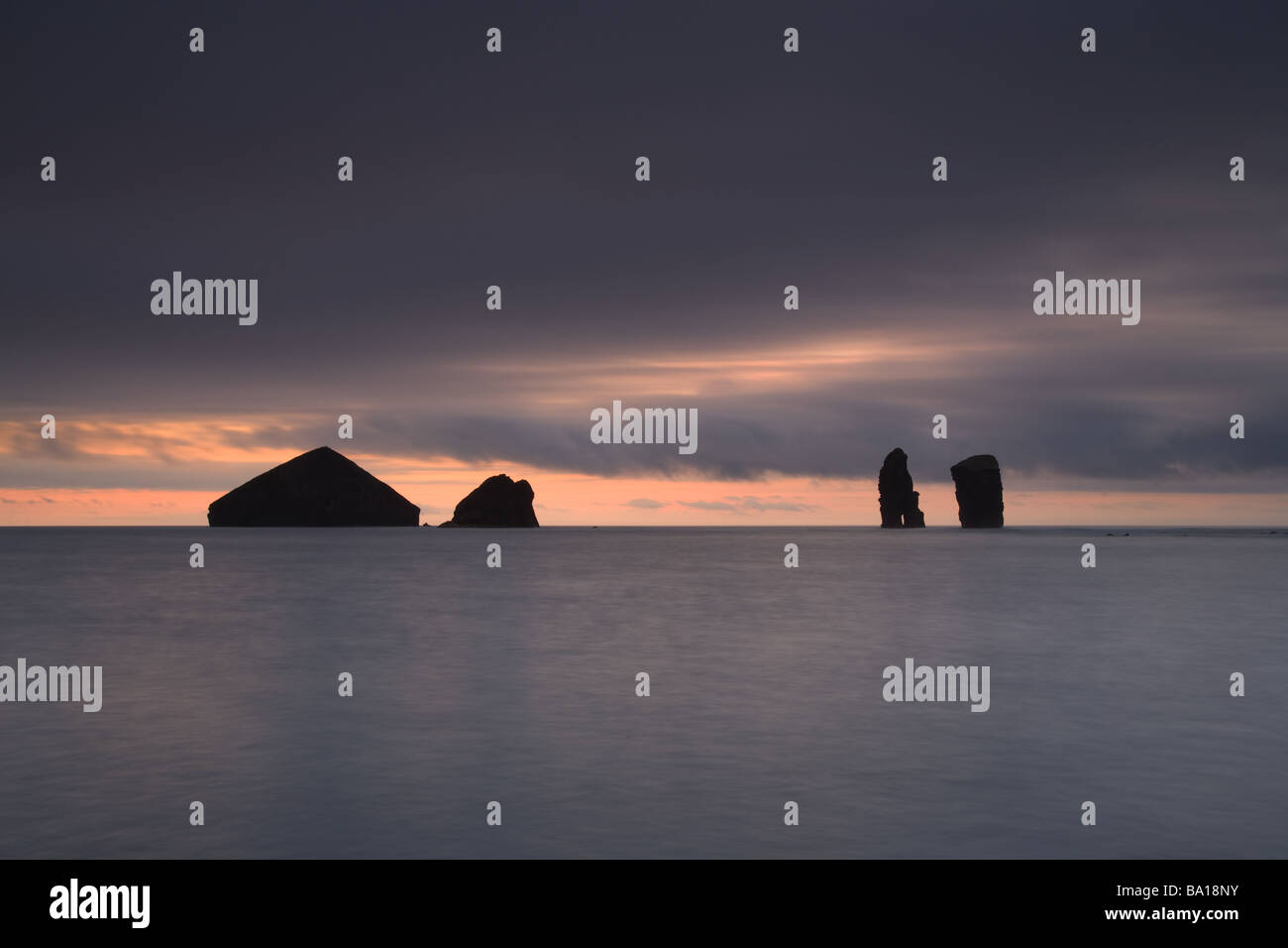 View of Mosteiros stacks at sunset, Mosteiros beach, Sao miguel island ...