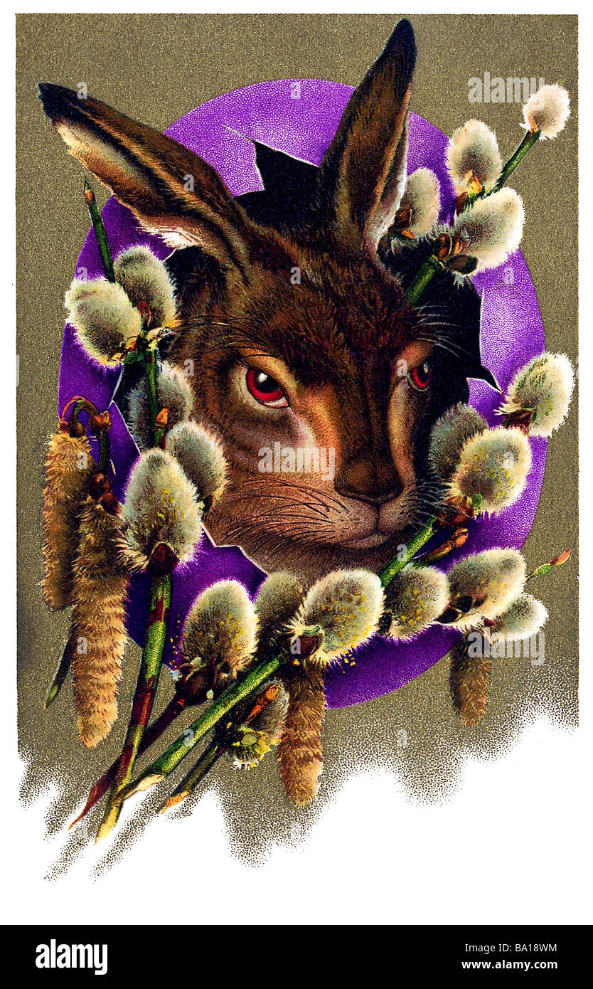 Nostalgic easter bunny with violet easteregg and pussy willow Stock ...
