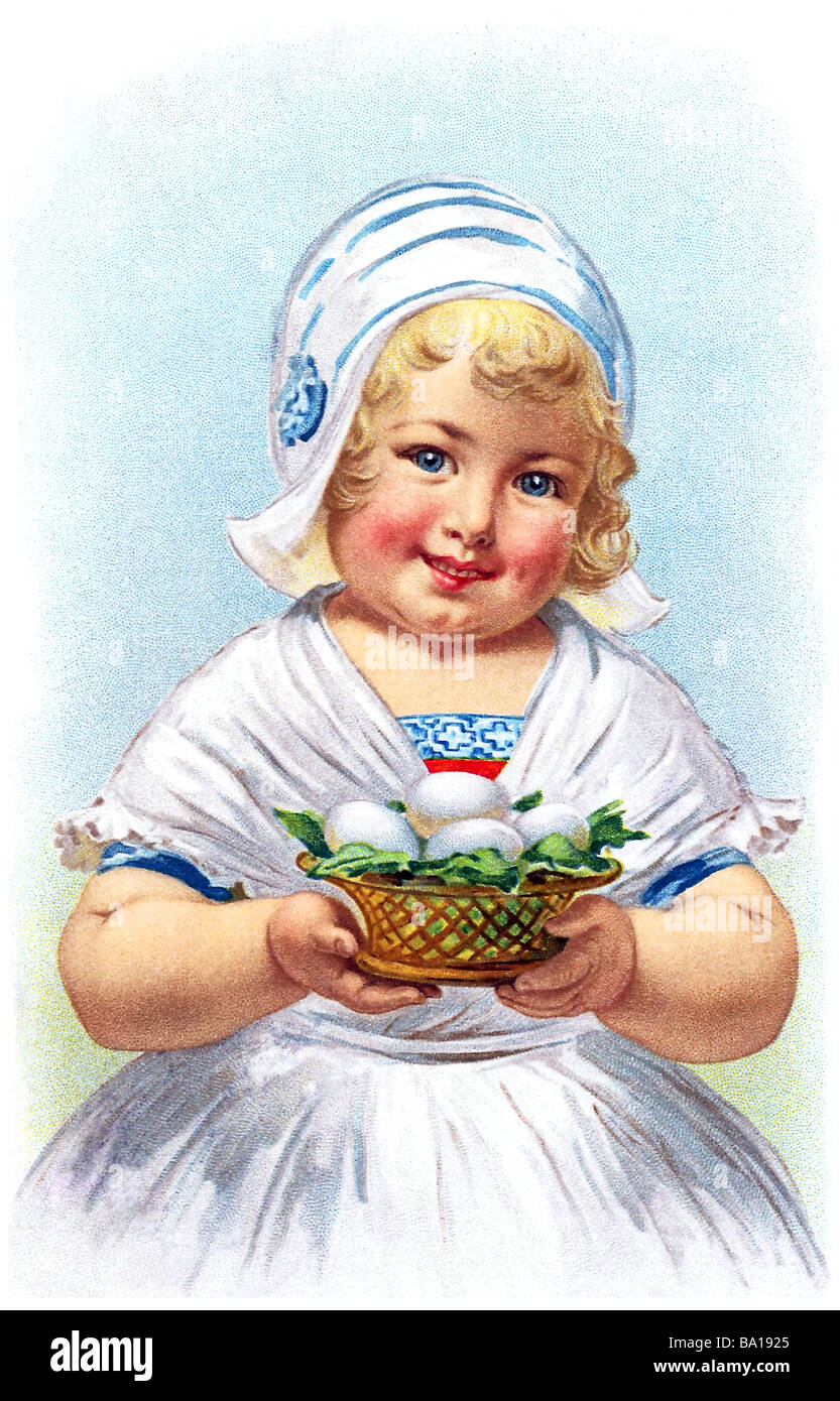 Nostalgic smiling fleshy fat little girl holding easter eastereggs in ...